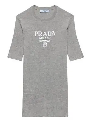 Prada Logo-intarsia Crew-neck Silk Knitted Top - Grey