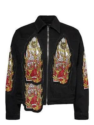 WHO DECIDES WAR BY EV BRAVADO Flame Glass Embroidered Denim Jacket - Black