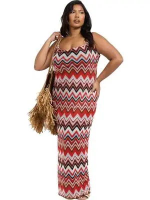 FASHION-SZN CURVE Strappy Retro Print Maxi Dress - Brown