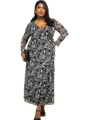 FASHION-SZN CURVE Printed Midaxi Dress With Slit - Black