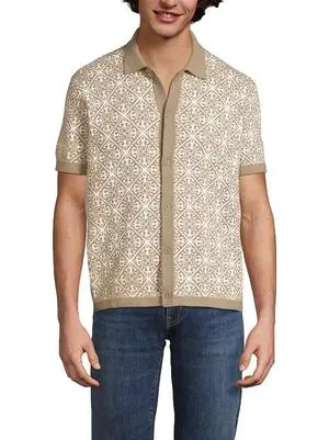 LANDS' END Short Sleeve Tile Jacquard Button Down Sweater Polo - Khaki /vanilla Tile