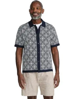 LANDS' END Short Sleeve Tile Jacquard Button Down Sweater Polo Radiant Navy/vanilla Tile