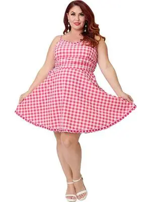 Unique Vintage 1950s Sleeveless Flare Dress - Pink Gingham W/hearts