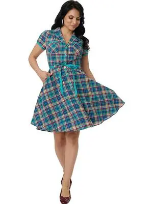 SMAK PARLOUR Fit & Flare Button Down Dress - Teal/blue Plaid