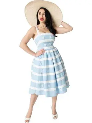 Unique Vintage 1960s Embroidered Swing Sundress - Light Blue/white Stripes