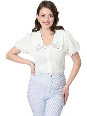 Unique Vintage Short Sleeve Ruffle Collar Blouse - White W/floral Embroidery