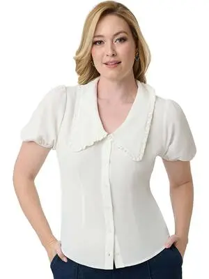 Unique Vintage Short Sleeve Ruffle Collar Blouse - White