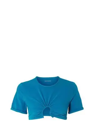 Christopher Esber Crescent Embellished Cutout Ruched Bikini Top - Blue