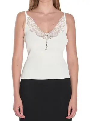 SELF-PORTRAIT Ribbed Tank Top With Lace Trim - White