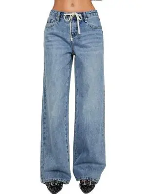 Princess Polly Drawstring Low Rise Wide Leg Jeans - Mid Blue