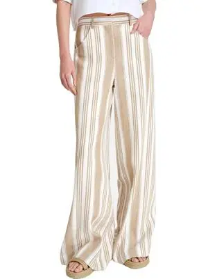 TWP Variegated Stripe Wide Leg Pants - White/ Khaki