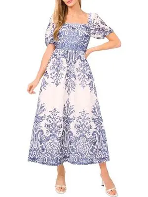 Ted Baker London Print Eyelet Puff Sleeve Midi Dress - Classic Navy