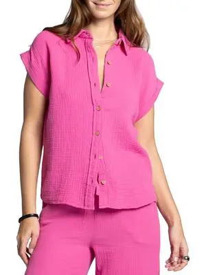 THREAD & SUPPLY Verna Cotton Gauze Button-up Shirt - Soft Fuchsia