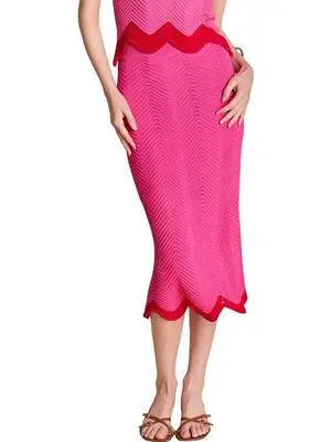 English Factory Scallop Knit Midi Skirt - Pink/ Red