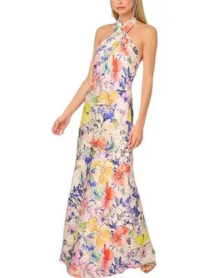 ADRIANNA BY ADRIANNA PAPELL Printed Satin Halter Neck Gown - Ivory Multi