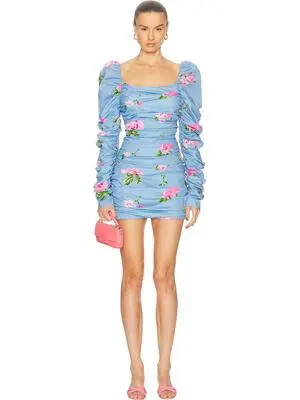 Caroline Constas Maxine Ruched Puff Sleeve Mini Dress - Blue Floral Print