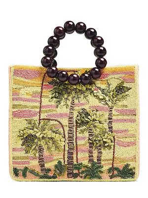 Anthropologie Beaded Handbag With Wood Bead Handle - Palm Trees