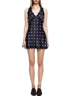 Lioness Polka Dot Lace Trim Halter Minidress - Noir Polka