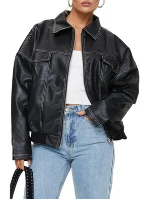 Princess Polly Kingsley Oversized Faux Leather Bomber Jacket - Black
