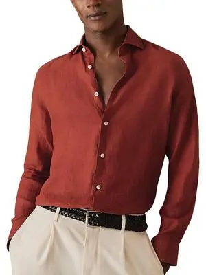 REISS Linen Slim Fit Shirt - Paprika Red