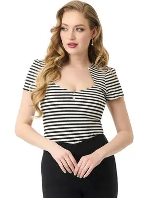 Unique Vintage Knit Top With Pentagon Collar - Black White Stripe