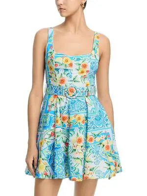 Aqua Fruit Tile Belted Mini Dress - Blue