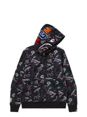 A BATHING APE Japanese Tattoo Camo Shark Hoodie - Black