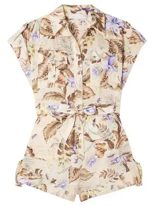 Zimmermann Coco Belted Printed Linen Playsuit - Neutrals