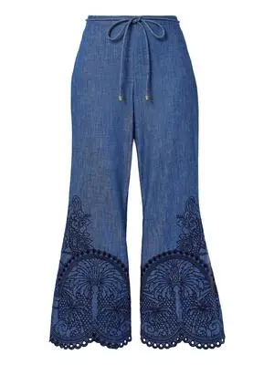 ZIMMERMANN Coco Belted Embroidered Cotton-Chambray Flared Pants