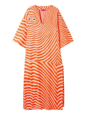 THE ELDER STATESMAN Embroidered Striped Cotton-terry Kaftan - Orange