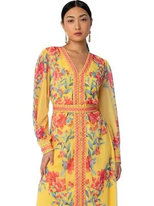 RAISHMA Floral Print Midi Dress With Trim Detail - Yelow Floral Print