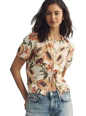 Anthropologie Juliet Cotton Cashmere Short-sleeve Crew-neck Cardigan Sweater - Orange Pattern