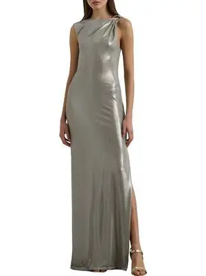 Ralph Lauren Buckle Detail Metallic Sheath Gown - Bright Nickel/ Silver Foil