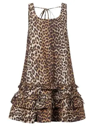 GANNI Leopard-print Ruffled Cotton Poplin Minidress - Brown