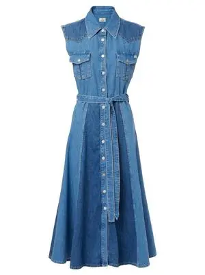Ag Belted Paneled Denim Midi Dress - Blue