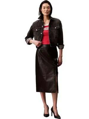 Calvin Klein Lamb Leather Midi Skirt - Black