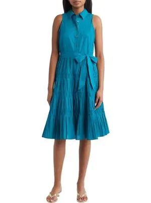 Anne Klein Sleeveless Shirtdress With Tie Waist - Ink Teal