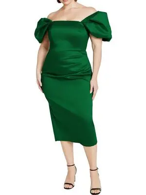 City Chic Elyse Puff Sleeve Sheath Dress - Bright Green