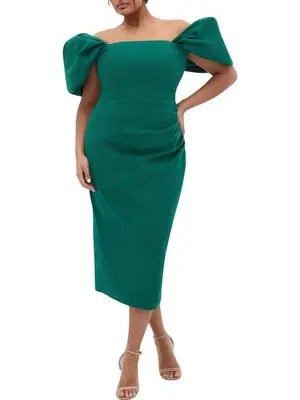 City Chic Elyse Puff Sleeve Sheath Dress Emerald