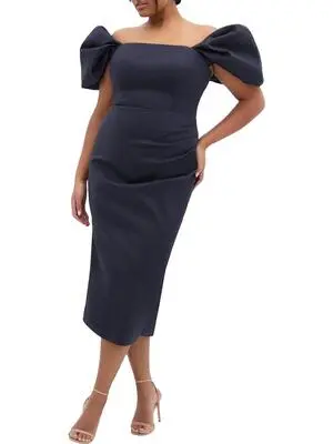 City Chic Elyse Puff Sleeve Sheath Dress Navy