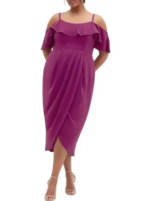 City Chic Flirtation Ruffle Off-the-shoulder Cocktail Dress - Cerise