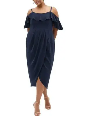 City Chic Flirtation Ruffle Off-the-shoulder Cocktail Dress - Navy