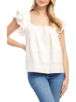 Karen Kane Ruffle Sleeve Embroidered Top Cream