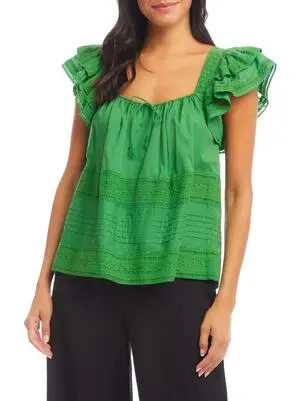 Karen Kane Ruffle Sleeve Embroidered Top - Green