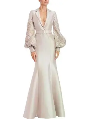 Badgley Mischka Belted Embellished Balloon Sleeves Maxi Dress - Neutrals