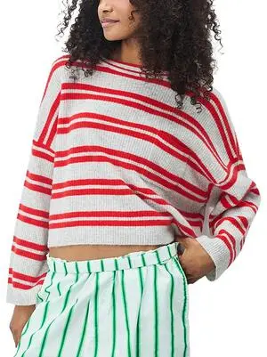 American Vintage Cropped Striped Wool Sweater Gris Chine Rayures Fraise