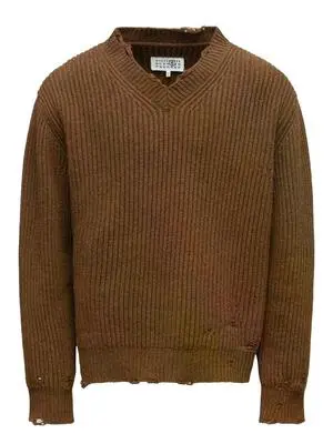 MAISON MARGIELA Ribbed V-neck Sweater - Brown