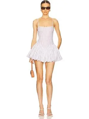HELSA Stripe Bubble Mini Dress - White & Brown Stripe