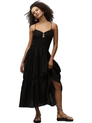 Endless Rose Sleeveless Smocked Tiered A-line Midi Dress - Black