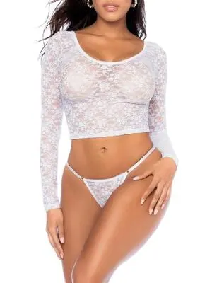 MAPALE Lace Long-sleeve Crop Top & Thong Set - White